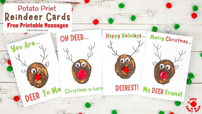 Potato Print Reindeer Christmas Cards With Printable Messages - Kids ...